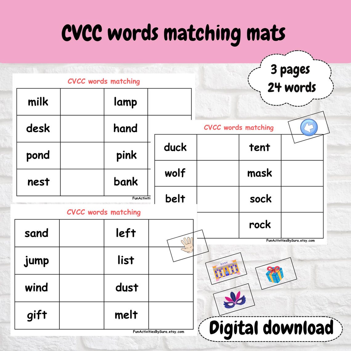 CVCC Words Matching Worksheets, Phonics Game, Educational Printable ...