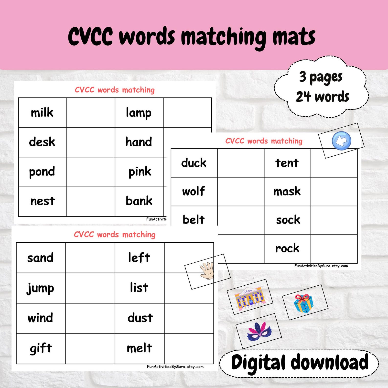 CVCC Words Matching Worksheets, Phonics Game, Educational Printable ...