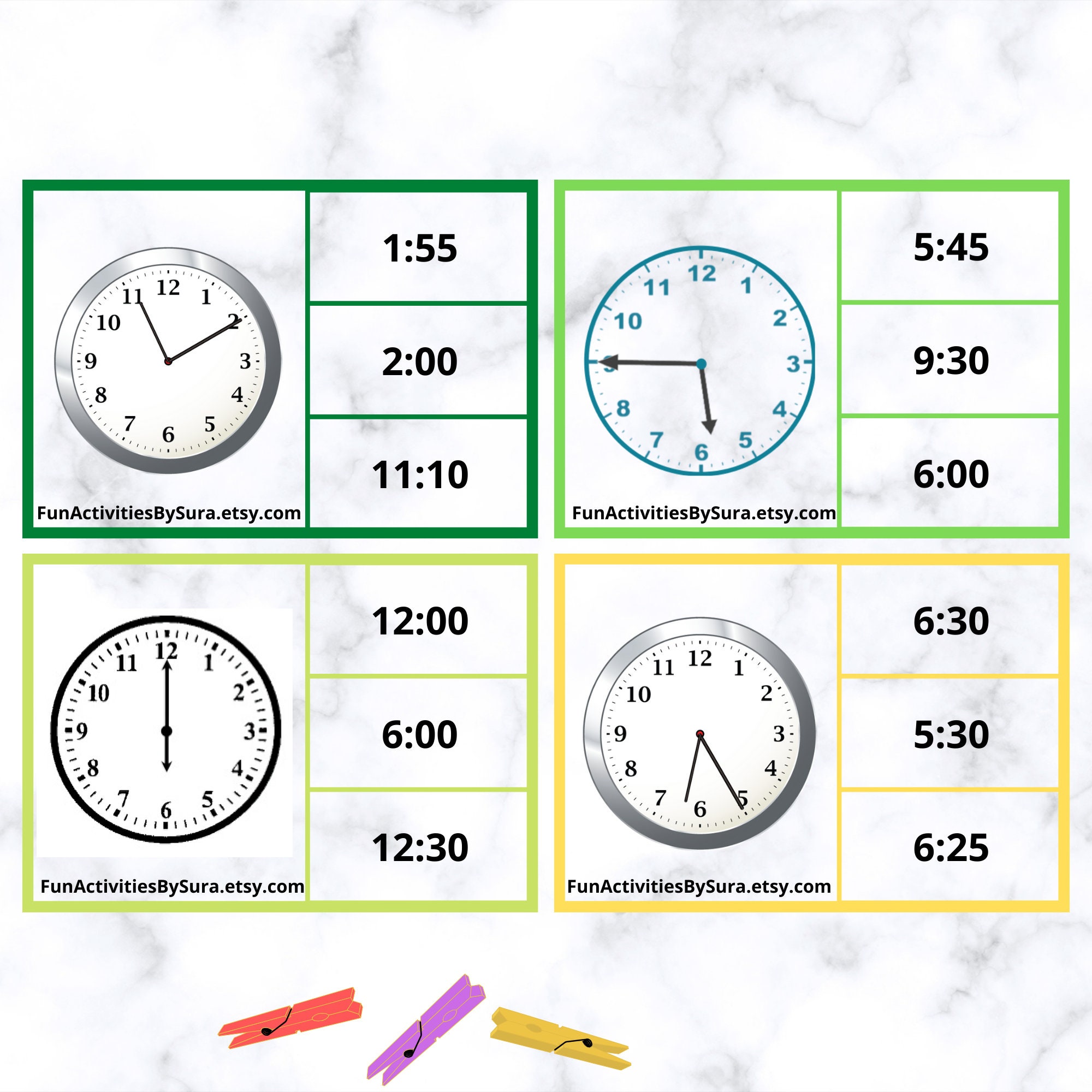Telling Time Clip Cards Activities, Clock Activity, Tell the Time ...