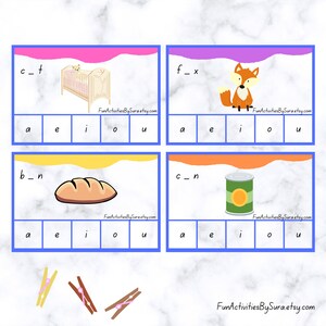 CVC Vowel Sounds Clip Cards, Phonics Activities, CVC Words Clip Cards ...
