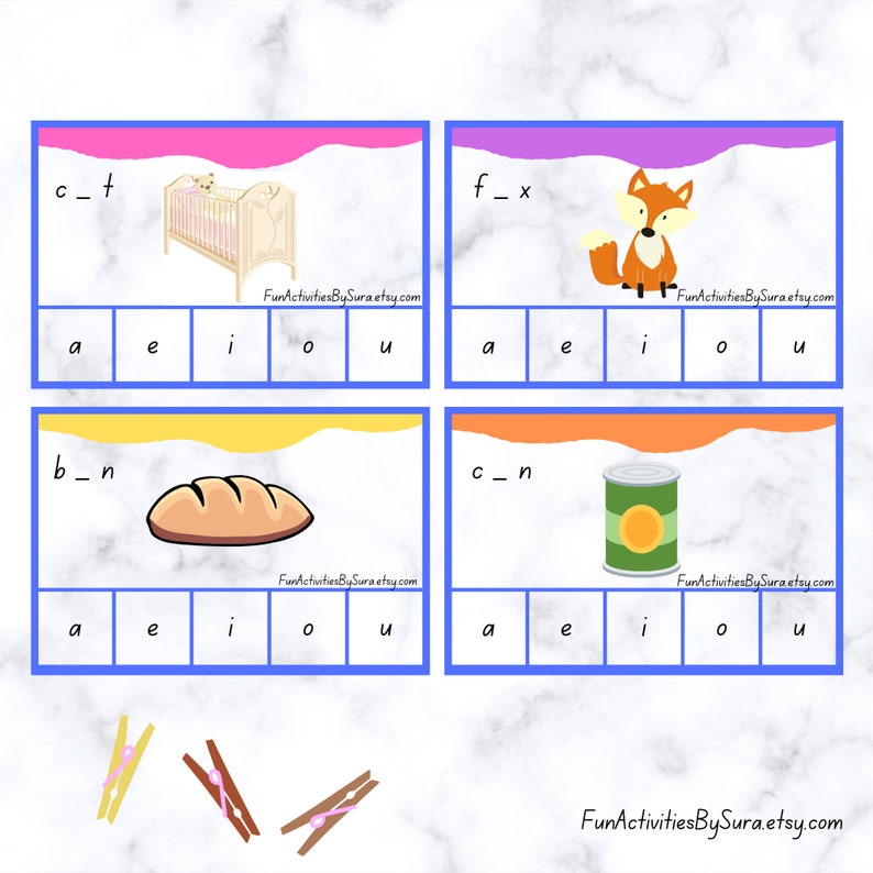 CVC Vowel Sounds Clip Cards, Phonics Activities, CVC Words Clip Cards ...