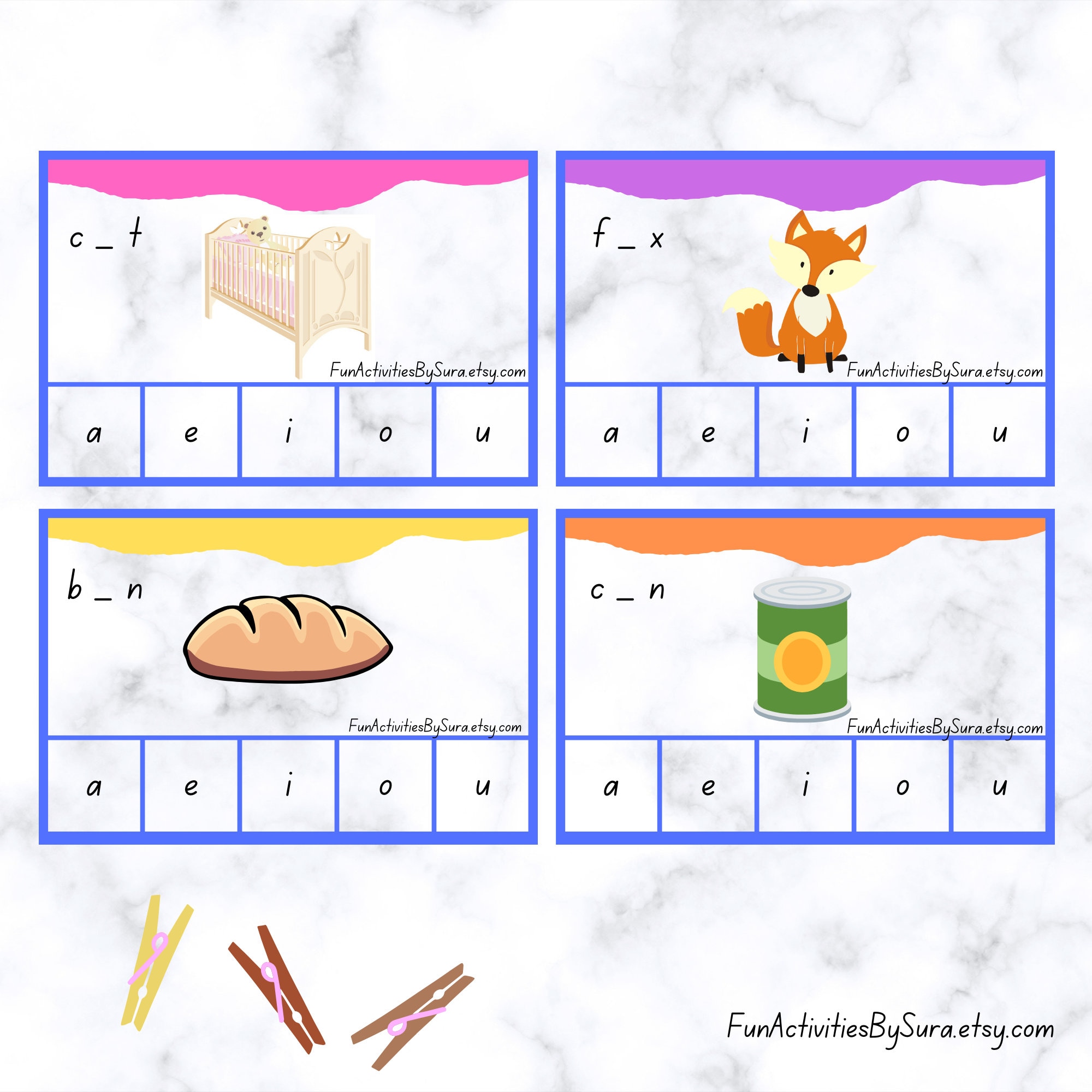 CVC Vowel Sounds Clip Cards, Phonics Activities, CVC Words Clip Cards ...