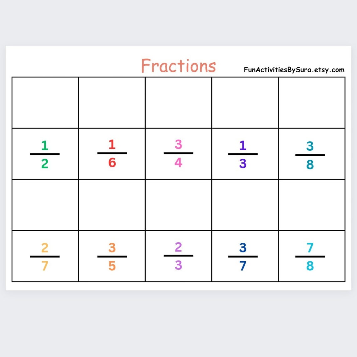 Fraction Printable Activity Board, Fraction Matching Printable ...