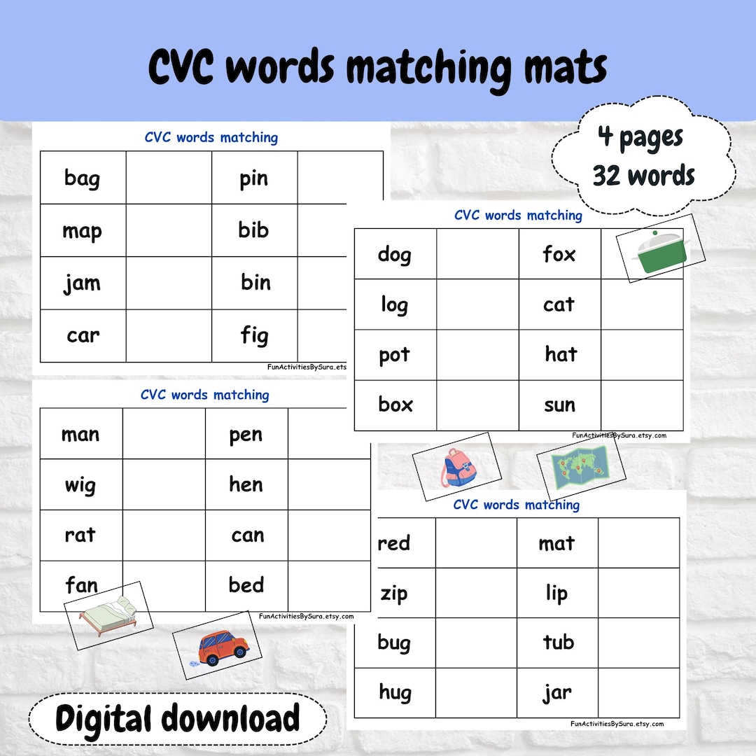 CVC Words Matching Worksheets, Phonics Game, Educational Printable ...