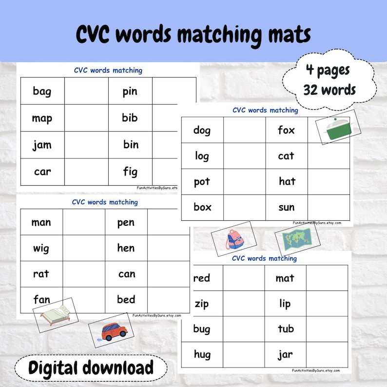 CVC Words Matching Worksheet: Kindergarten Phonics Game (digital ...