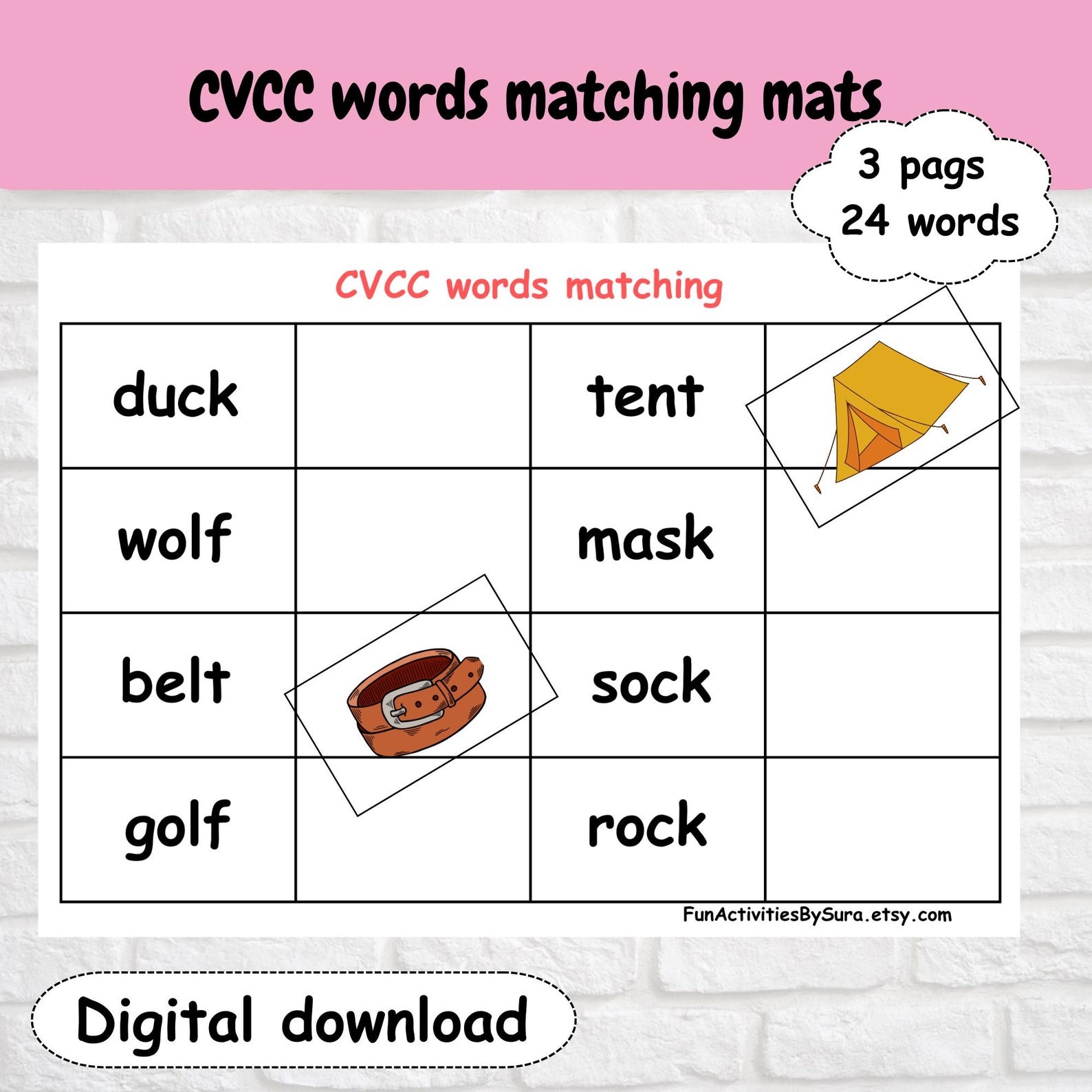 CVCC Words Matching Worksheets, Phonics Game, Educational Printable ...
