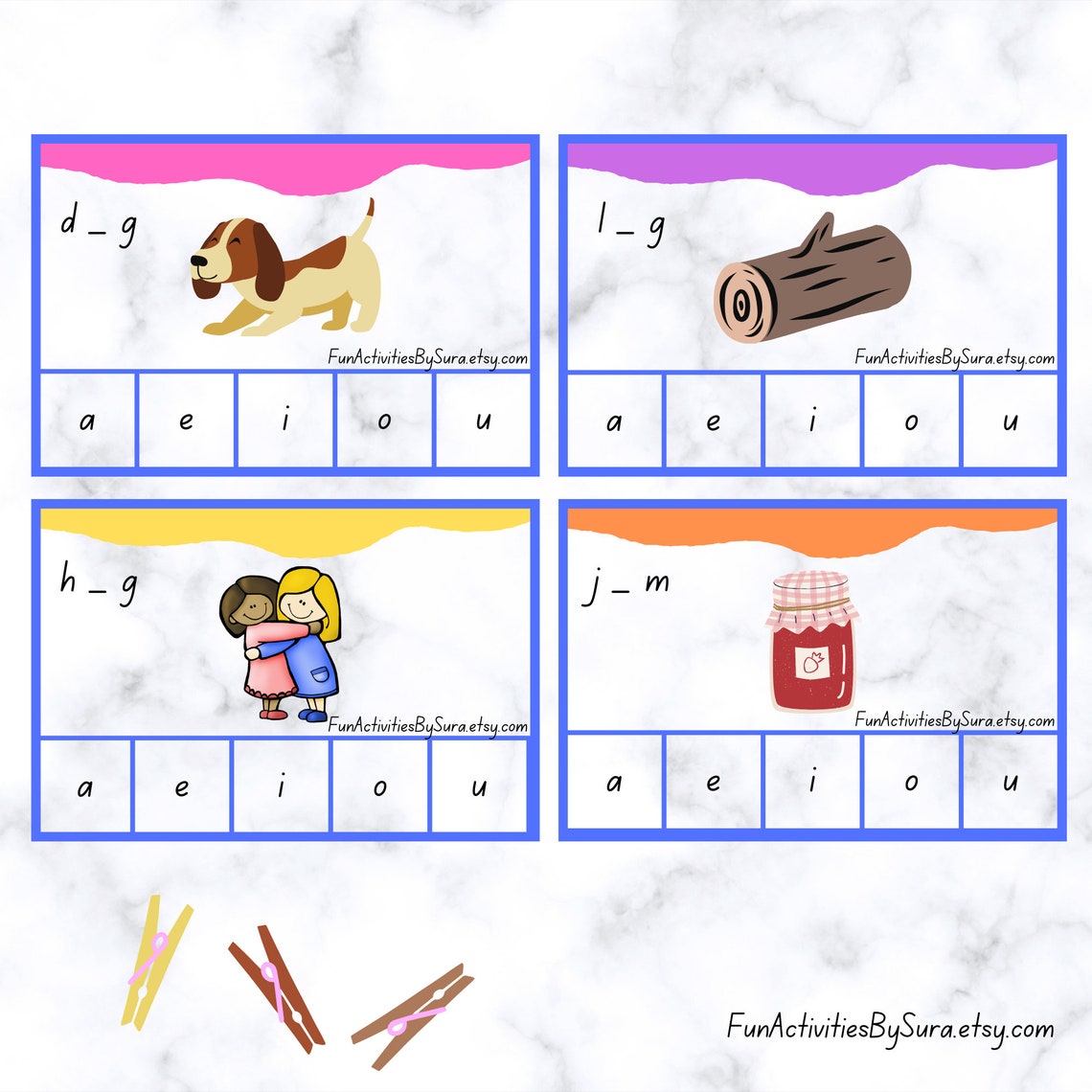 CVC Vowel Sounds Clip Cards, Phonics Activities, CVC Words Clip Cards ...