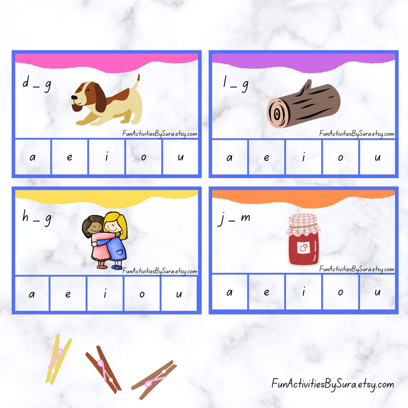 CVC Vowel Sounds Clip Cards, Phonics Activities, CVC Words Clip Cards ...