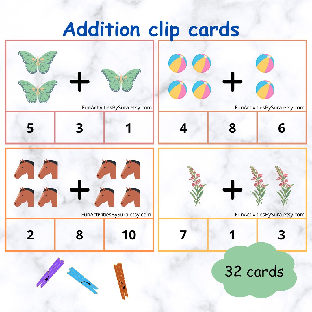 Addition Clip Cards for Kids, Fun Math Learning Activity, Montessori ...