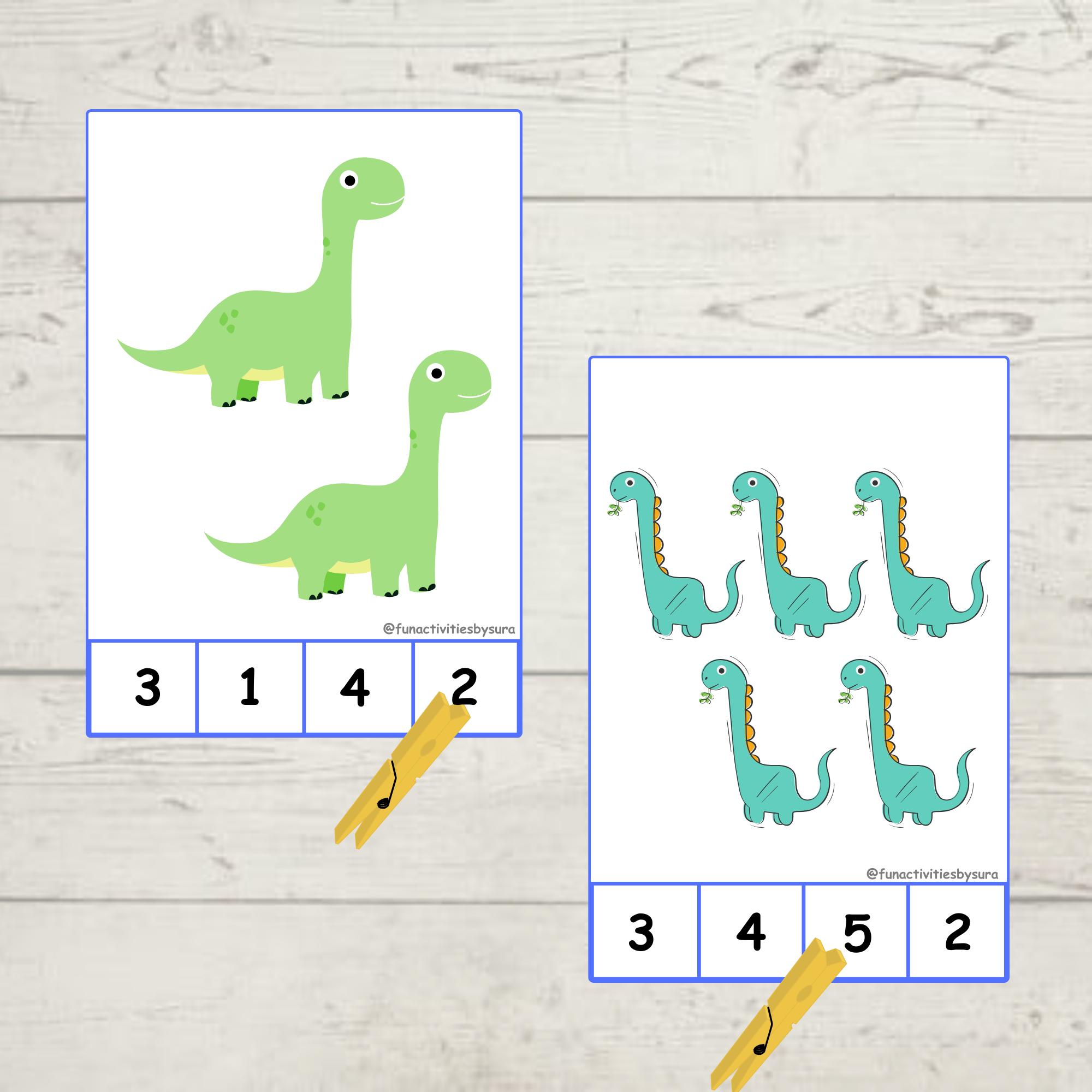 Dinosaur Count and Clip Cards 1-20, Preschool Math Numbers Activities ...