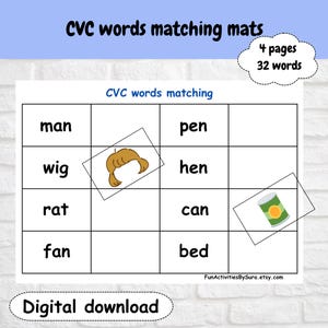 CVC Words Matching Worksheets, Phonics Game, Educational Printable ...