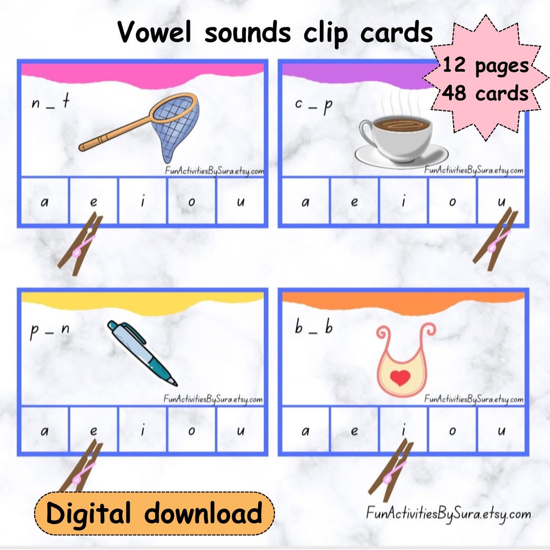 CVC Vowel Sounds Clip Cards, Phonics Activities, CVC Words Clip Cards ...