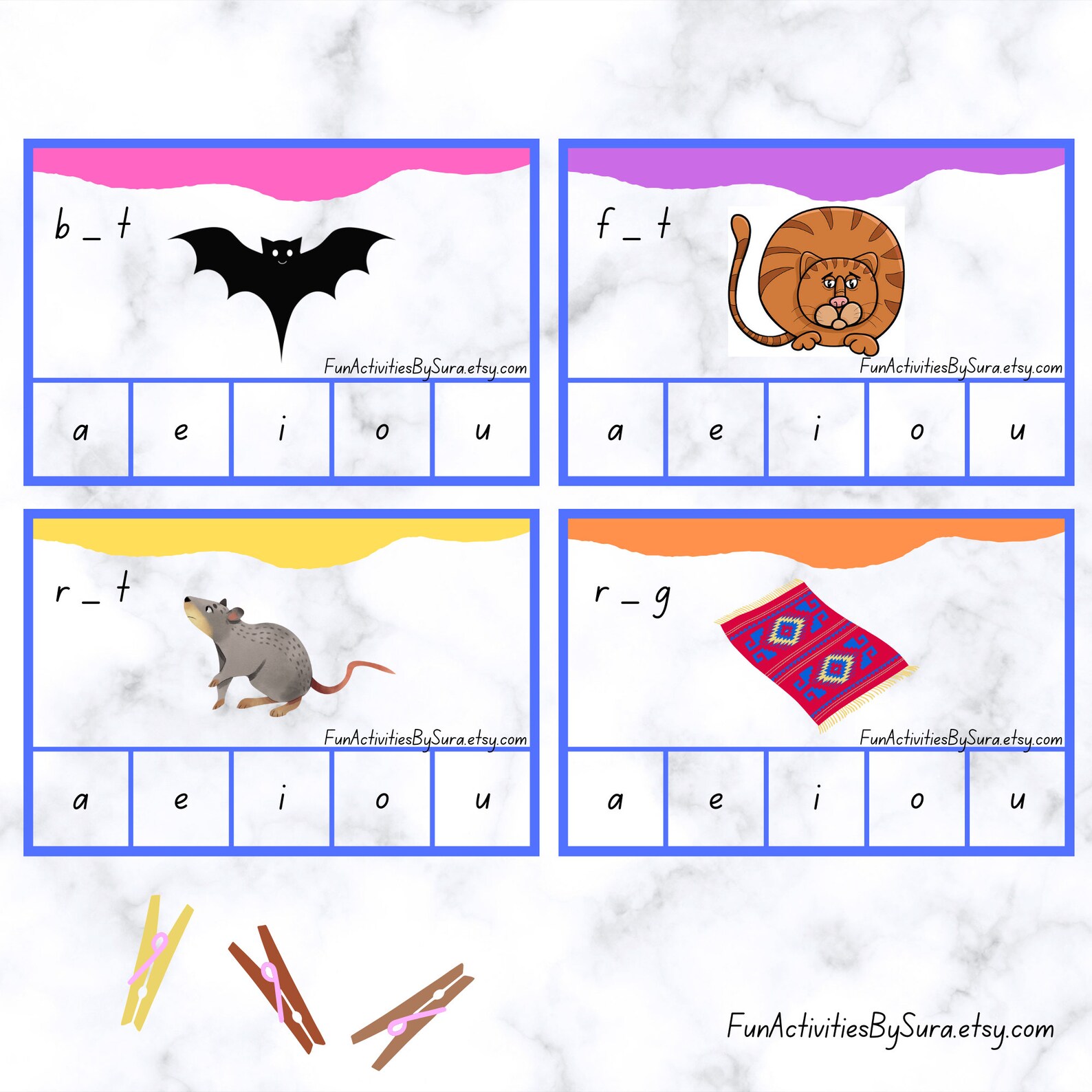 CVC Vowel Sounds Clip Cards, Phonics Activities, CVC Words Clip Cards ...