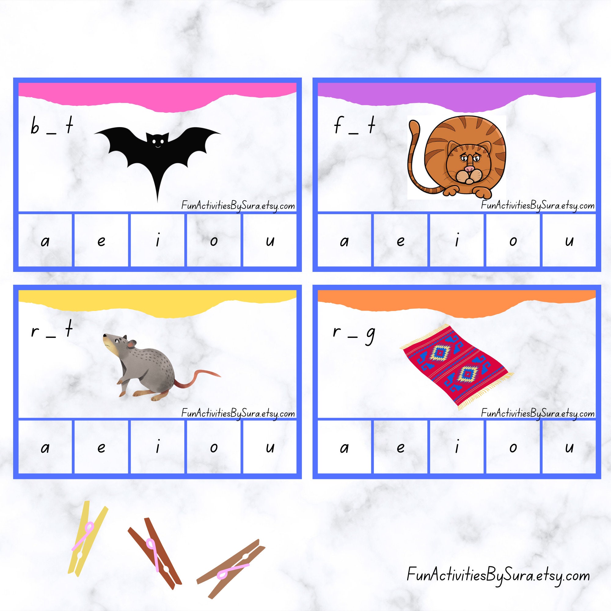 CVC Vowel Sounds Clip Cards, Phonics Activities, CVC Words Clip Cards ...