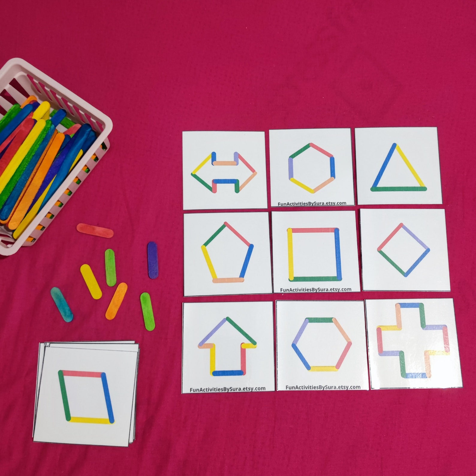 Popsicle Sticks Shapes Patterns Matching Cards, Printable Preschool ...