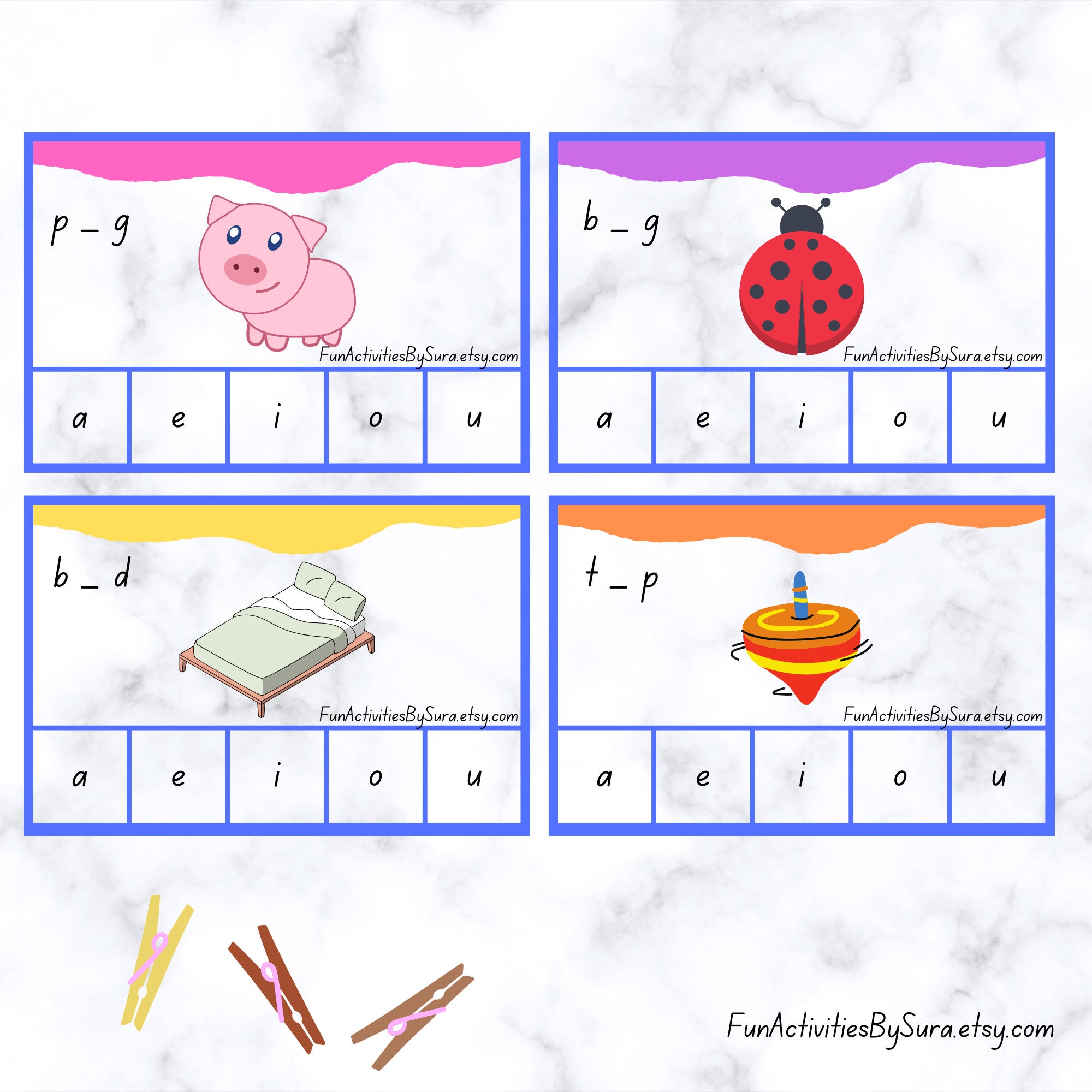 CVC Vowel Sounds Clip Cards, Phonics Activities, CVC Words Clip Cards ...