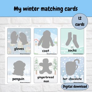 Winter Matching Cards, Shadow Matching Cards, Flashcards, Preschool ...