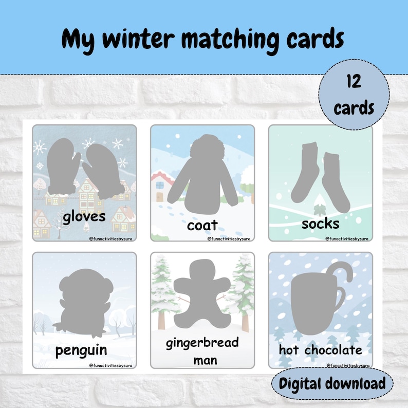 Winter Matching Cards, Shadow Matching Cards, Flashcards, Preschool ...