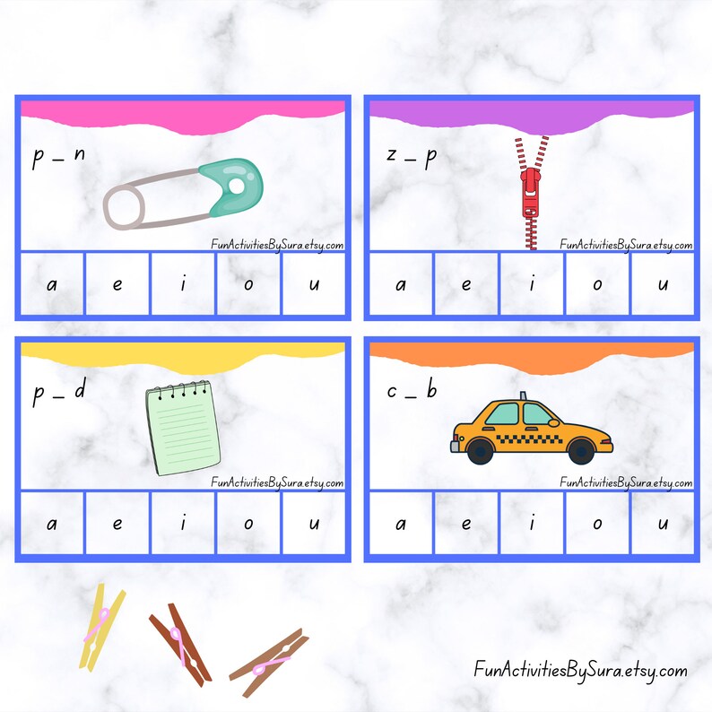 CVC Vowel Sounds Clip Cards, Phonics Activities, CVC Words Clip Cards ...
