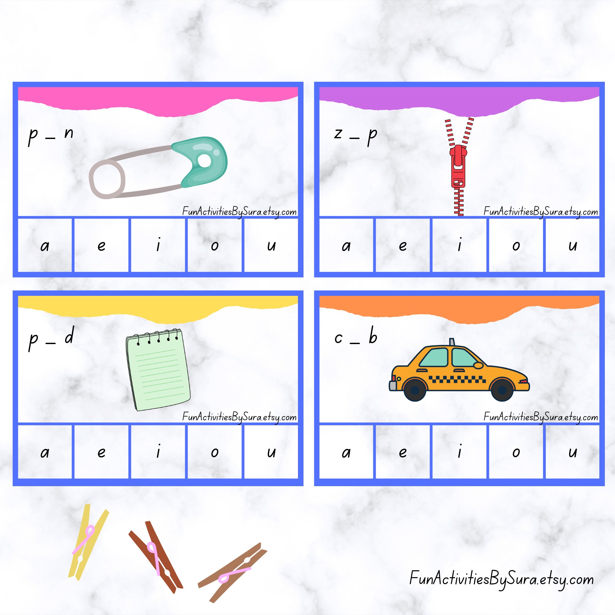 CVC Vowel Sounds Clip Cards, Phonics Activities, CVC Words Clip Cards ...