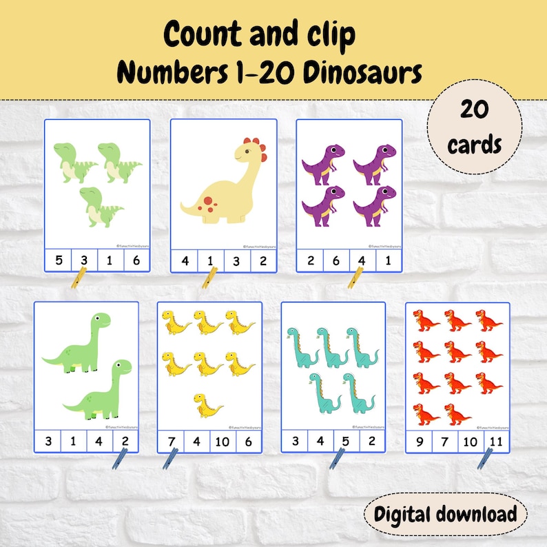 Dinosaur Count and Clip Cards 1-20: Preschool Montessori Math (digital ...