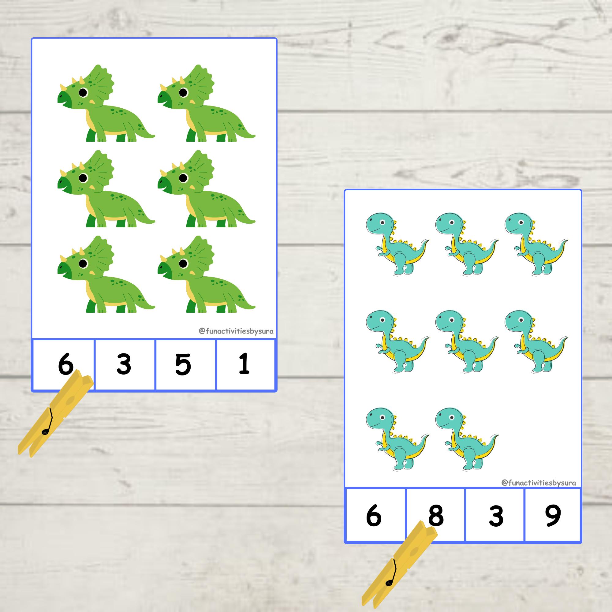 Dinosaur Count and Clip Cards 1-20, Preschool Math Numbers Activities ...