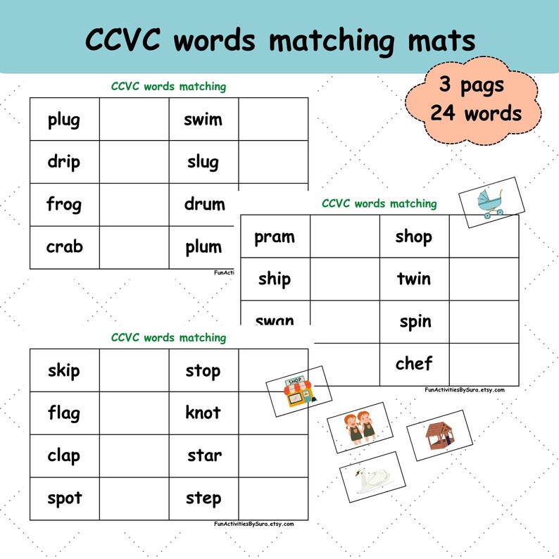 CVC, CVCC, CCVC Words Matching Bundle, Words Practice, Vocabulary ...