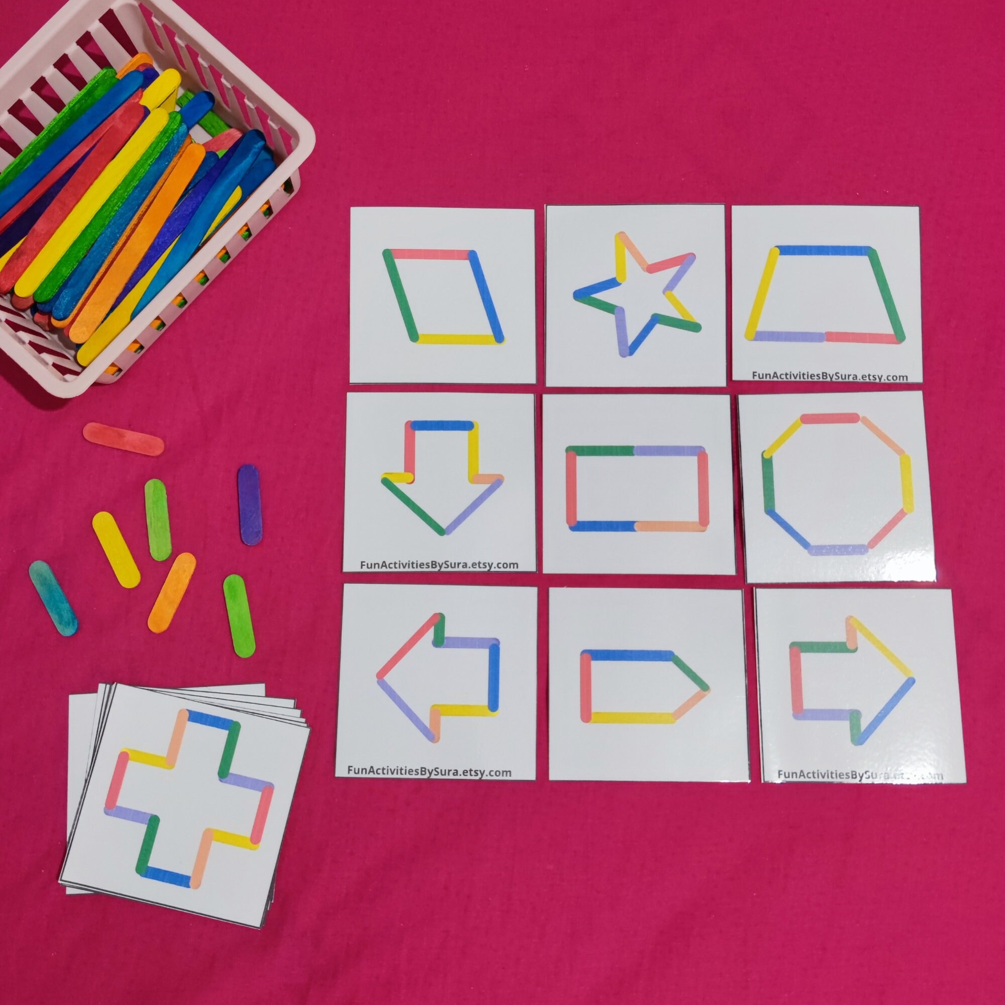 Popsicle Sticks Shapes Patterns Matching Cards, Printable Preschool ...