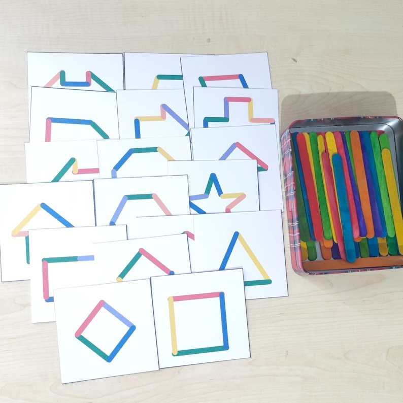 Popsicle Sticks Shapes Patterns Matching Cards, Printable Preschool ...