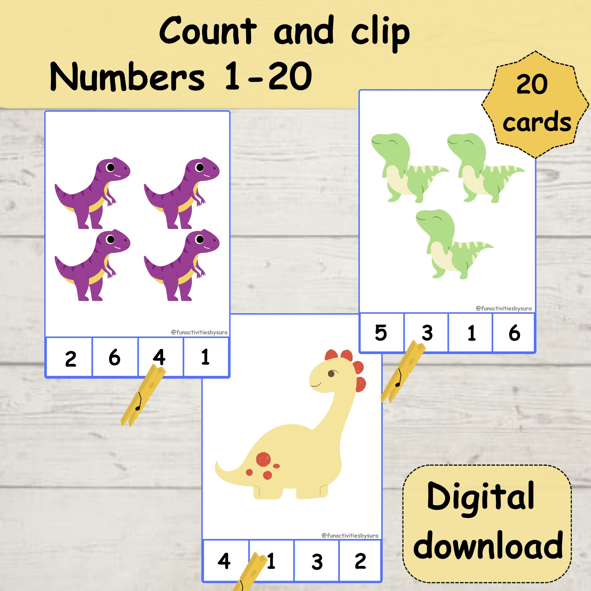 Dinosaur Count and Clip Cards 1-20, Preschool Math Numbers Activities ...