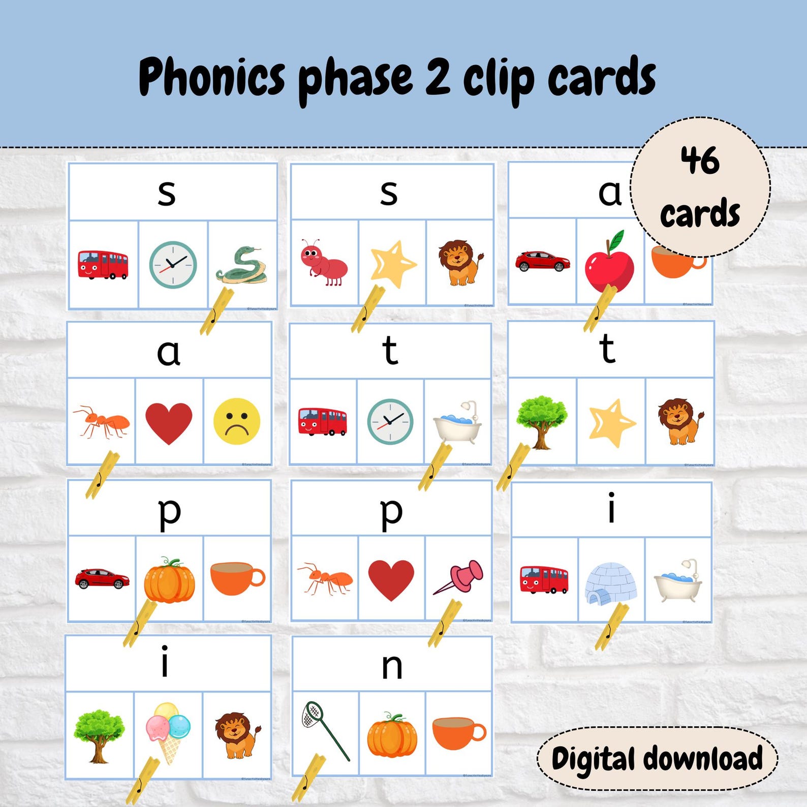 Phase 2 Phonics Clip Cards: Montessori Matching Game (digital Download ...