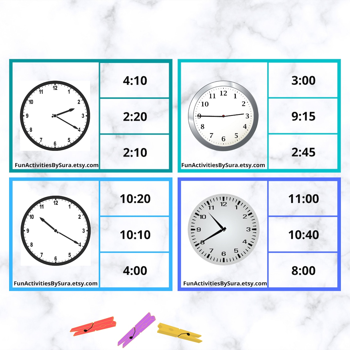 Telling Time Clip Cards Activities, Clock Activity, Tell the Time ...