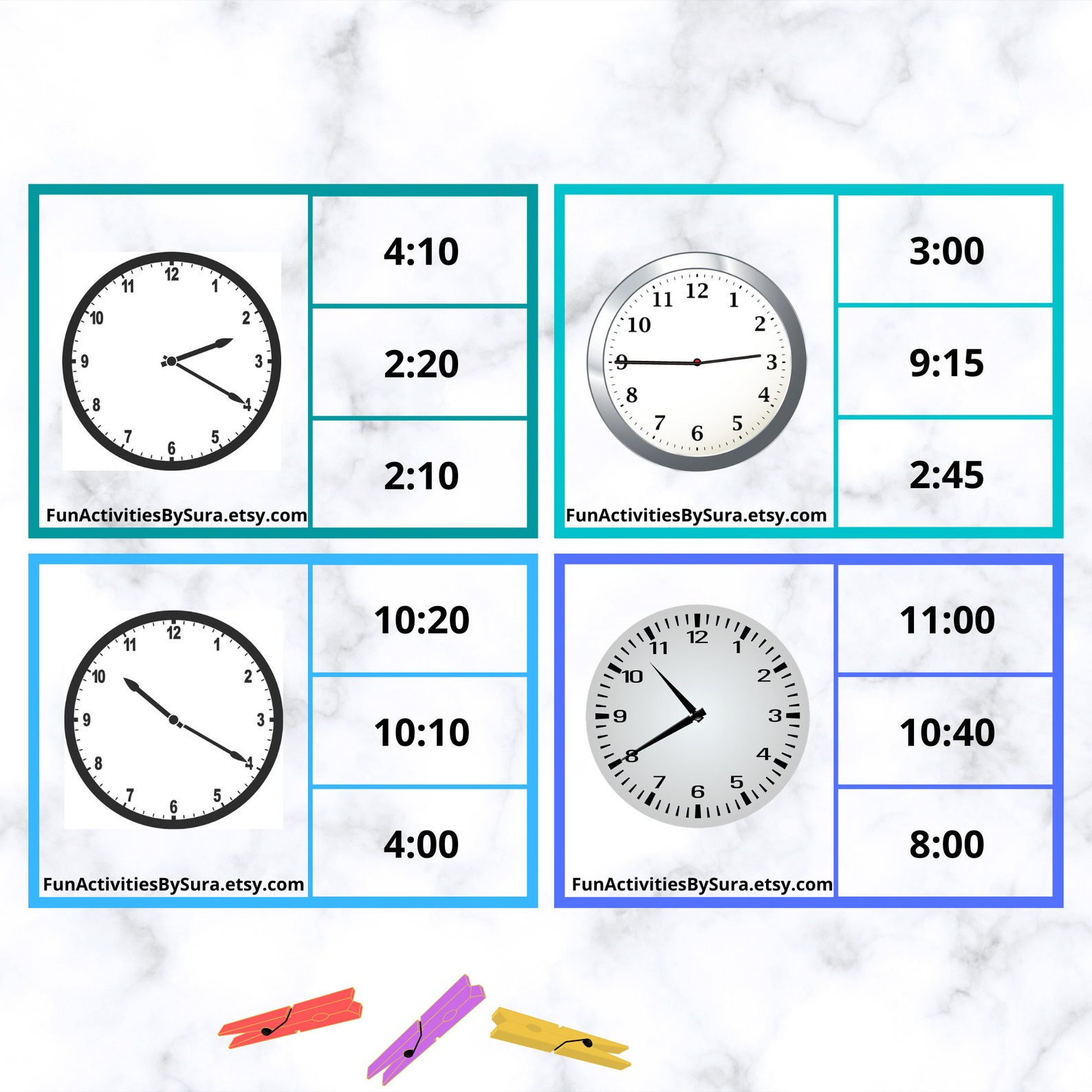 Telling Time Clip Cards Activities, Clock Activity, Tell the Time ...