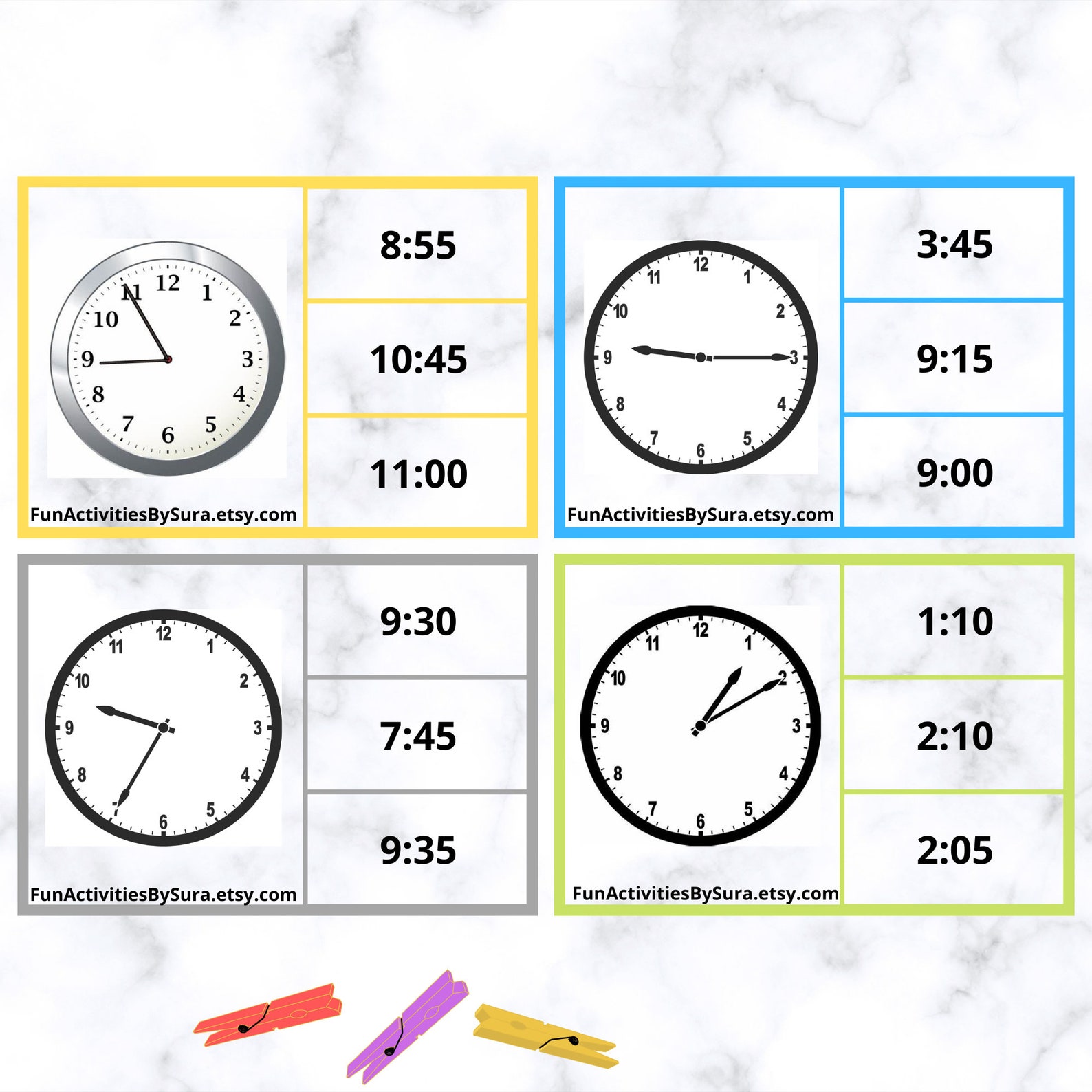 Telling Time Clip Cards Activities, Clock Activity, Tell the Time ...