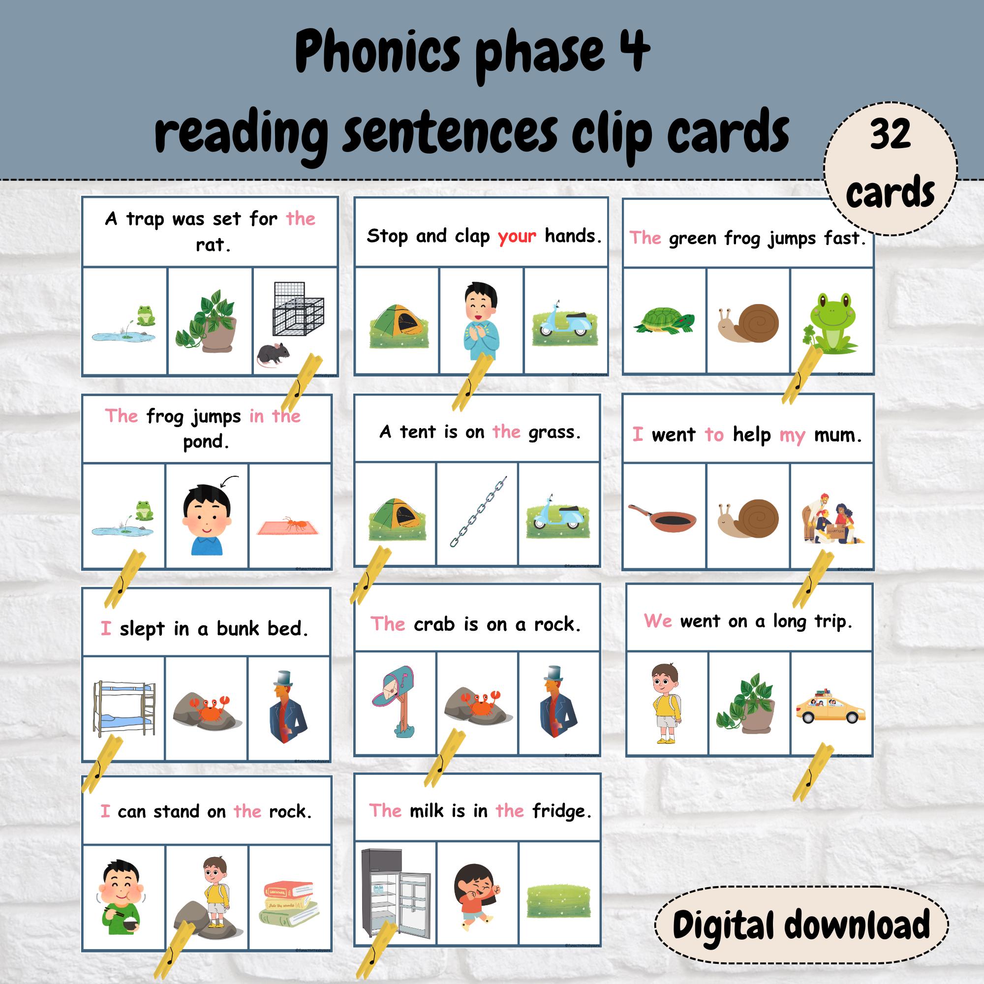 Phonics Phase 4 Reading Clip Cards: Learn to Read Sentences (PDF ...