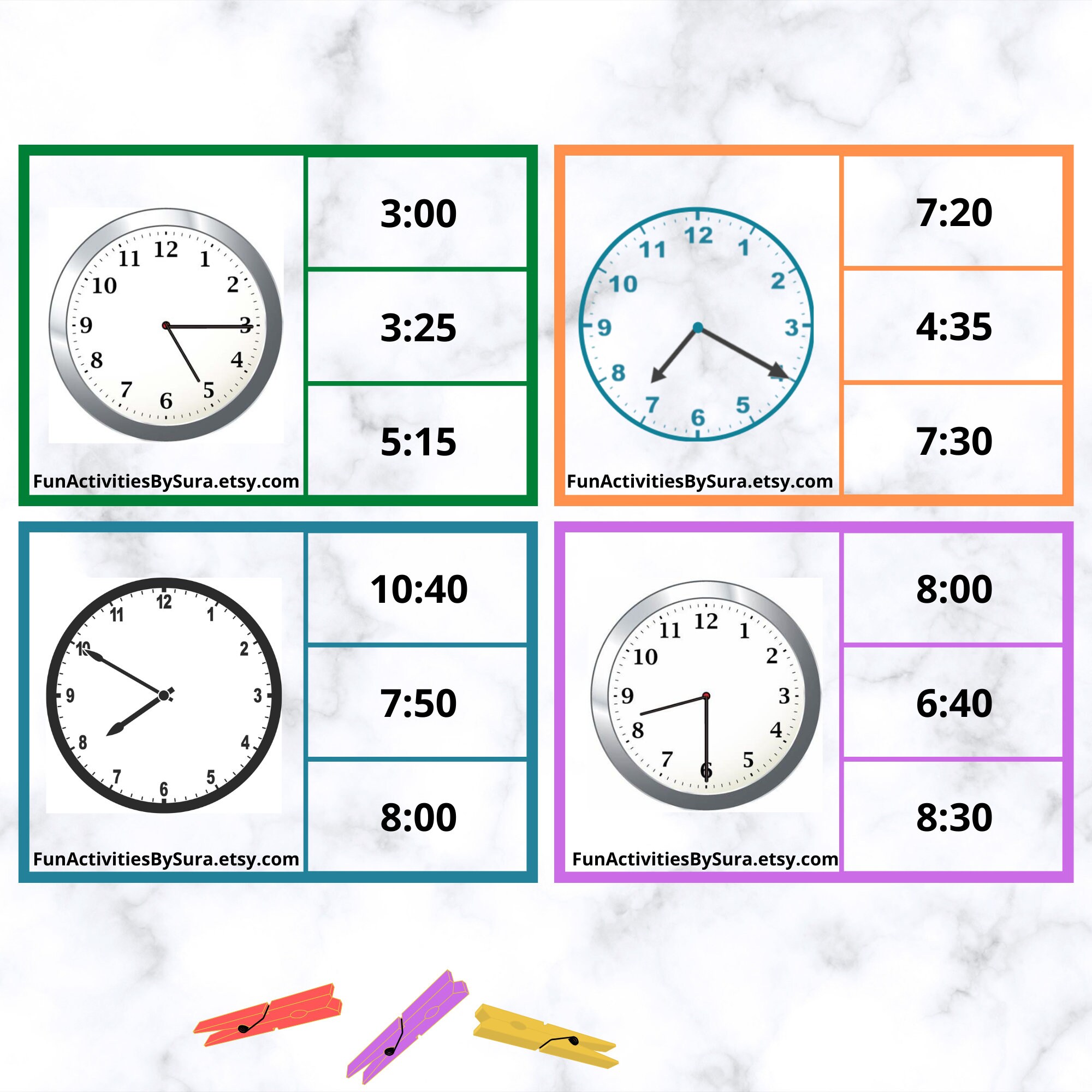 Telling Time Clip Cards Activities, Clock Activity, Tell the Time ...