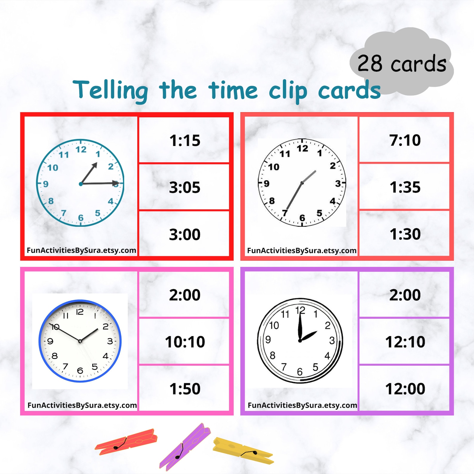 Telling Time Clip Cards Activities, Clock Activity, Tell the Time ...