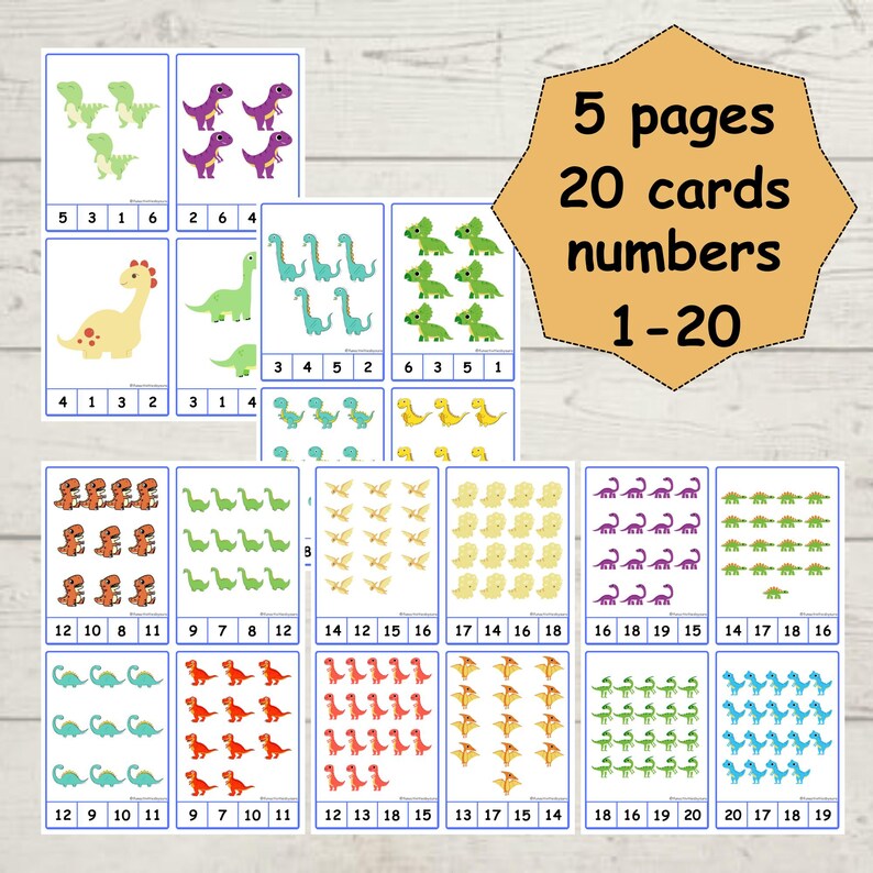Dinosaur Count and Clip Cards 1-20, Preschool Math Numbers Activities ...