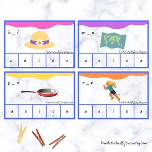 CVC Vowel Sounds Clip Cards, Phonics Activities, CVC Words Clip Cards ...