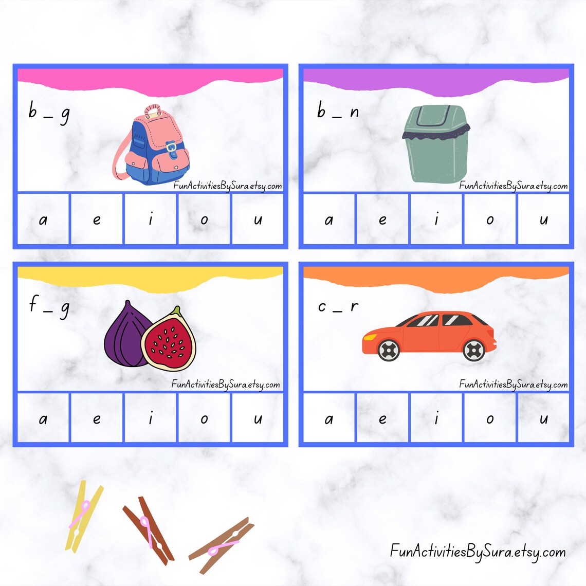 CVC Vowel Sounds Clip Cards, Phonics Activities, CVC Words Clip Cards ...