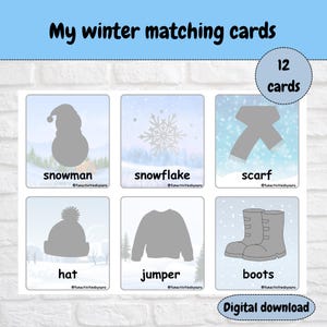 Winter Matching Cards, Shadow Matching Cards, Flashcards, Preschool ...