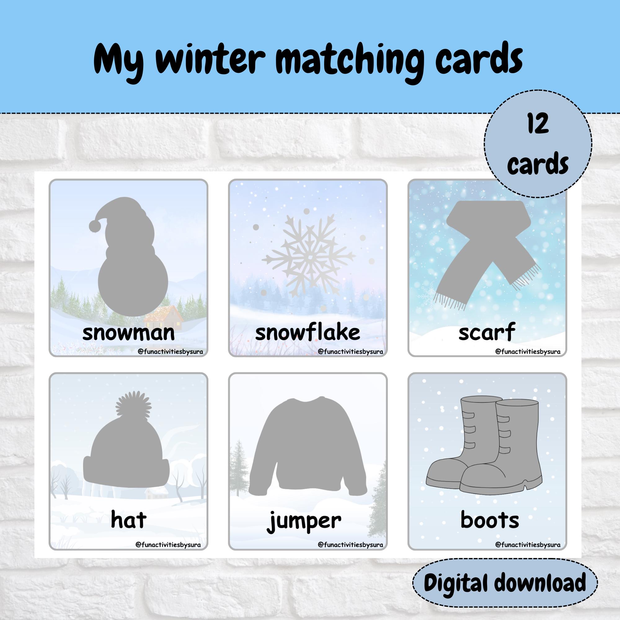 Winter Matching Cards, Shadow Matching Cards, Flashcards, Preschool ...