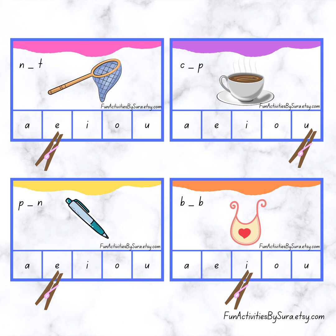 CVC Vowel Sounds Clip Cards, Phonics Activities, CVC Words Clip Cards ...