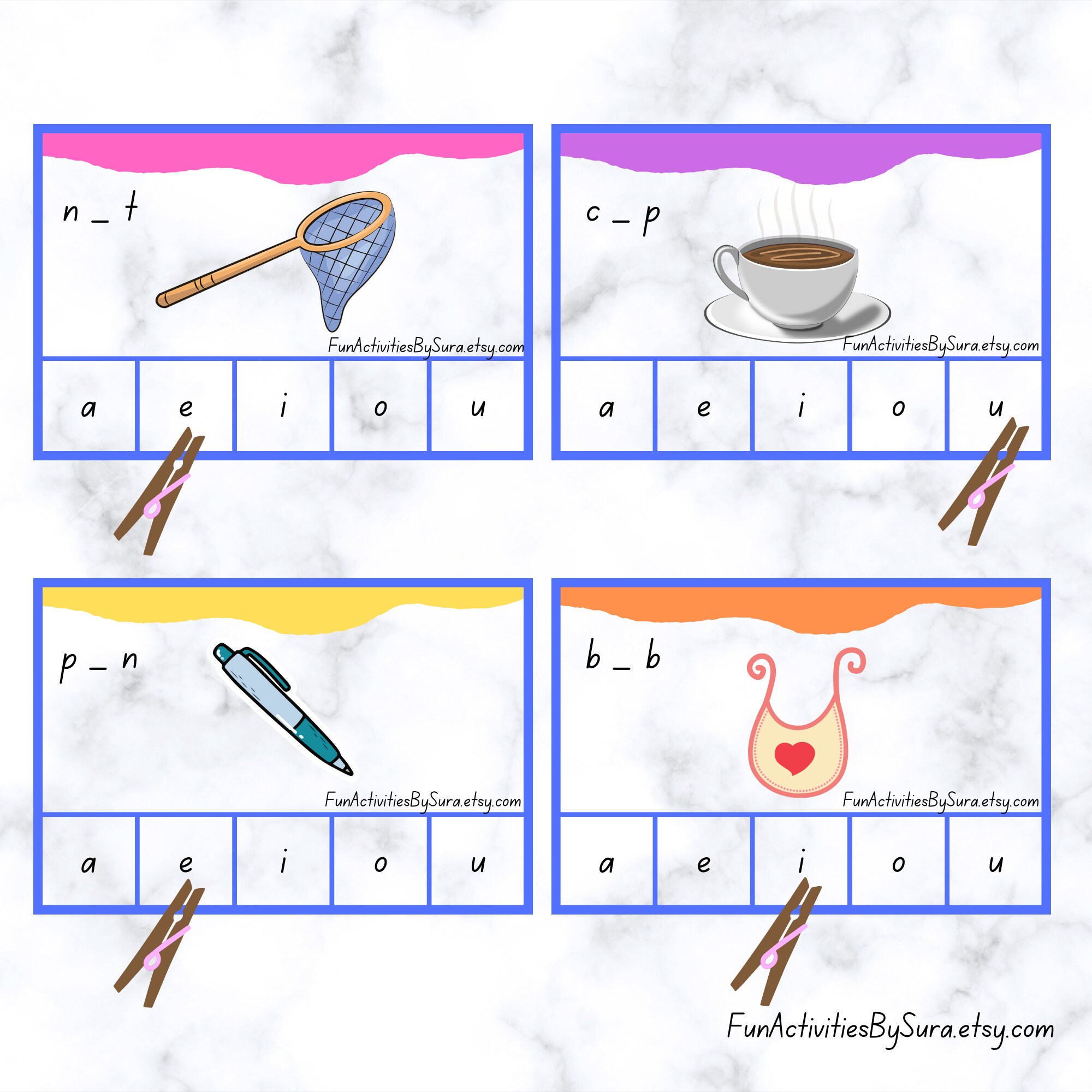 CVC Vowel Sounds Clip Cards, Phonics Activities, CVC Words Clip Cards ...