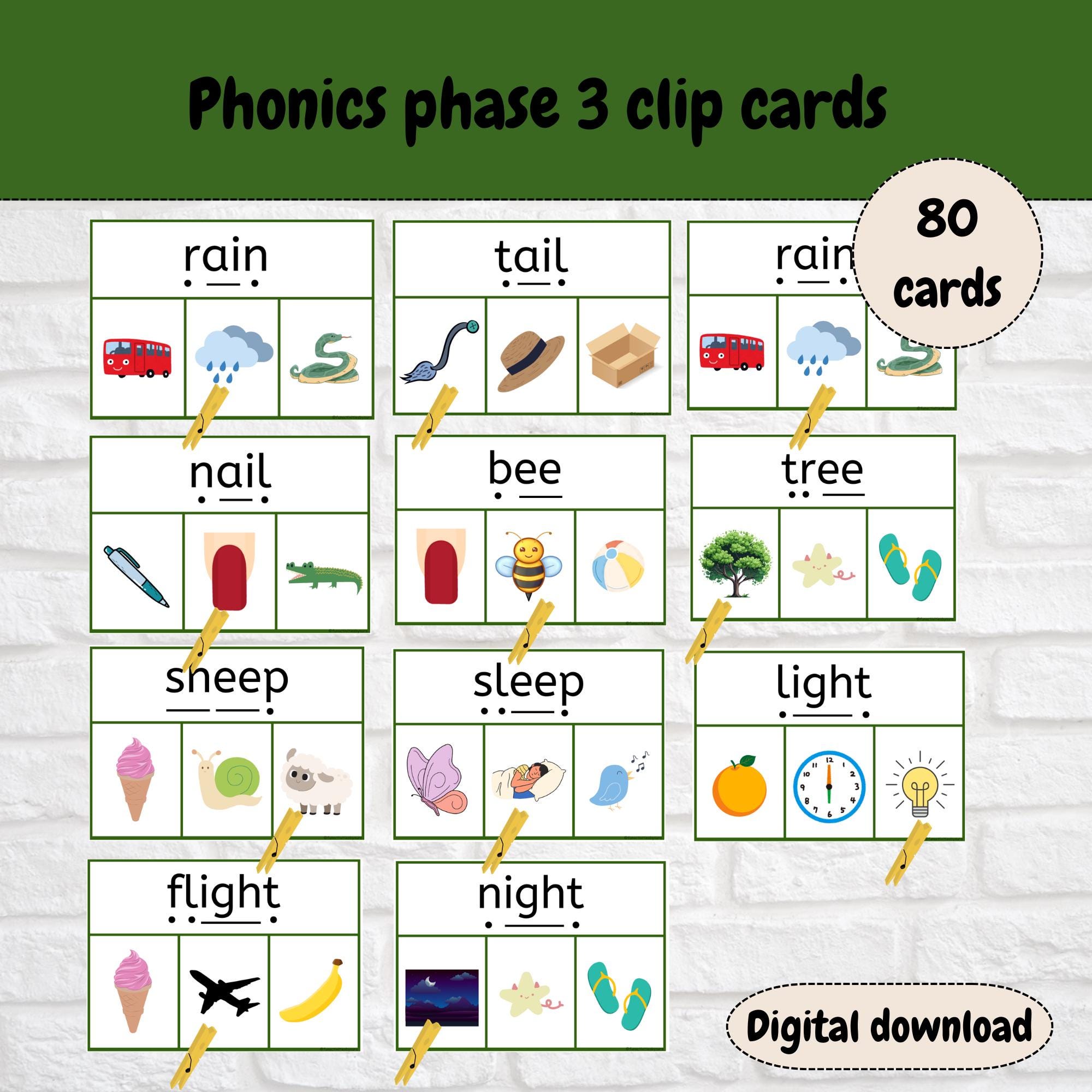 Phonics Phase 3 Printable Clip Cards, Phase 3 Phonics, Instant Download, Matching Games ...