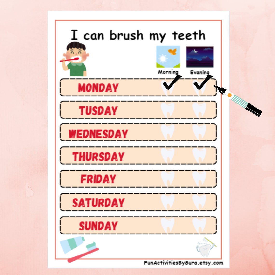Brushing Teeth Reward Chart, Dry Wipe Chart for Children, Reward Charts ...