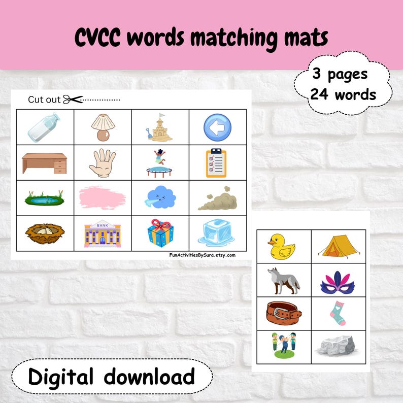 CVCC Words Matching Worksheets, Phonics Game, Educational Printable ...
