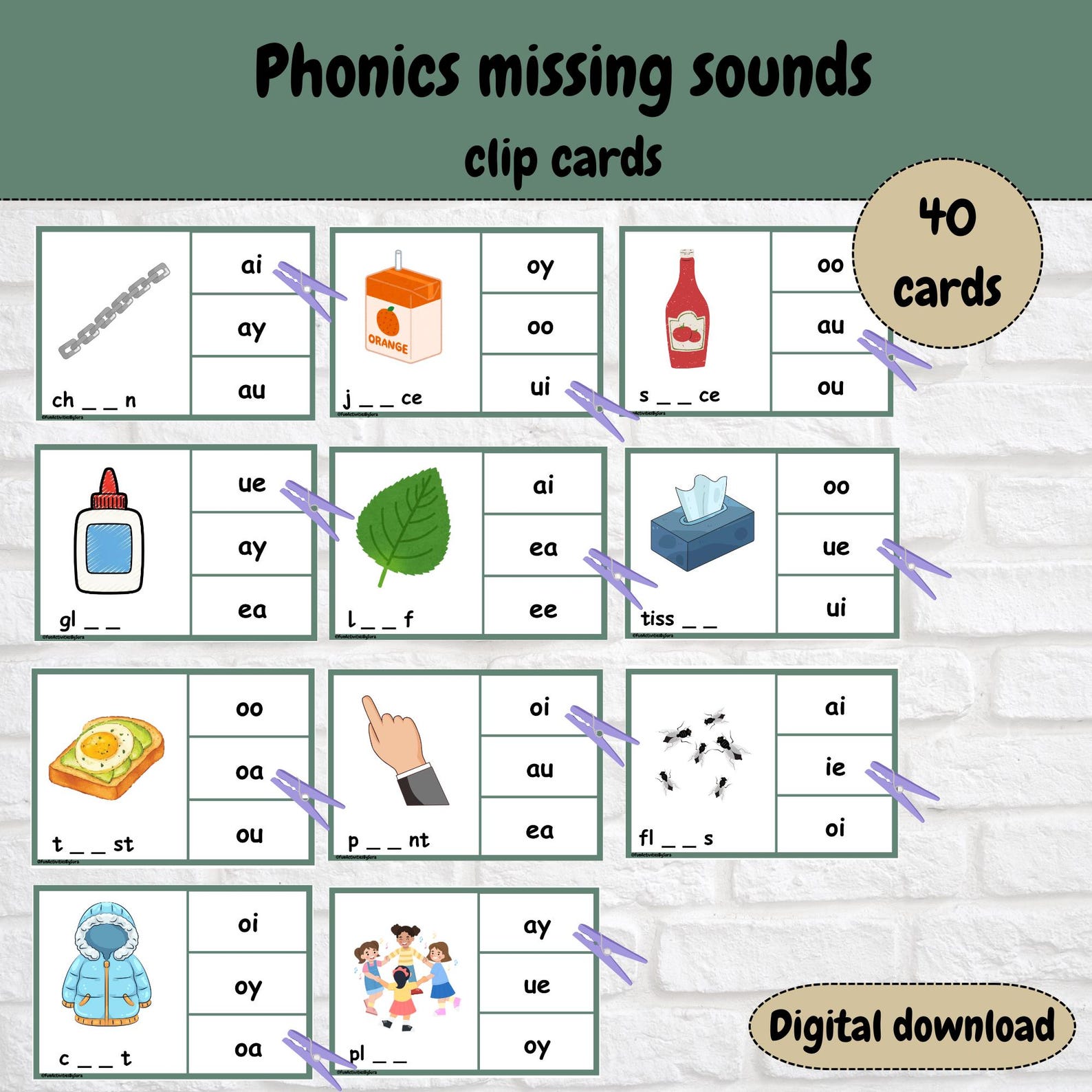 Phonics Missing Sounds Clip Cards: Matching Game (digital Download ...