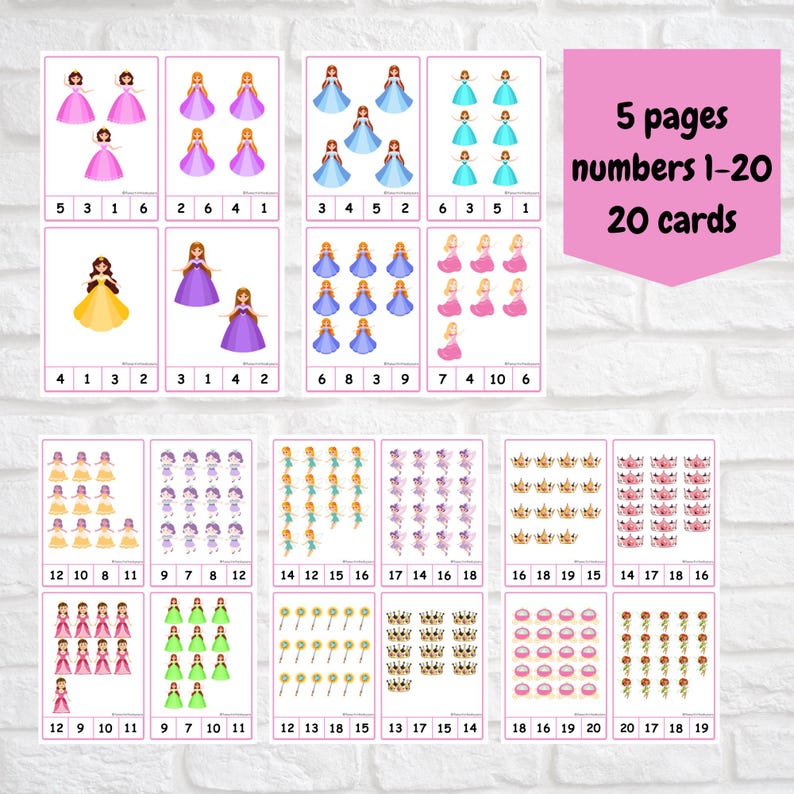 Princess Count and Clip Cards 1-20, Preschool Math Numbers Activities ...