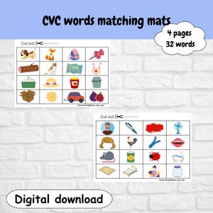 CVC Words Matching Worksheets, Phonics Game, Educational Printable ...